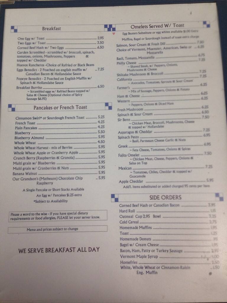 Menu at Blue Benn restaurant, Bennington