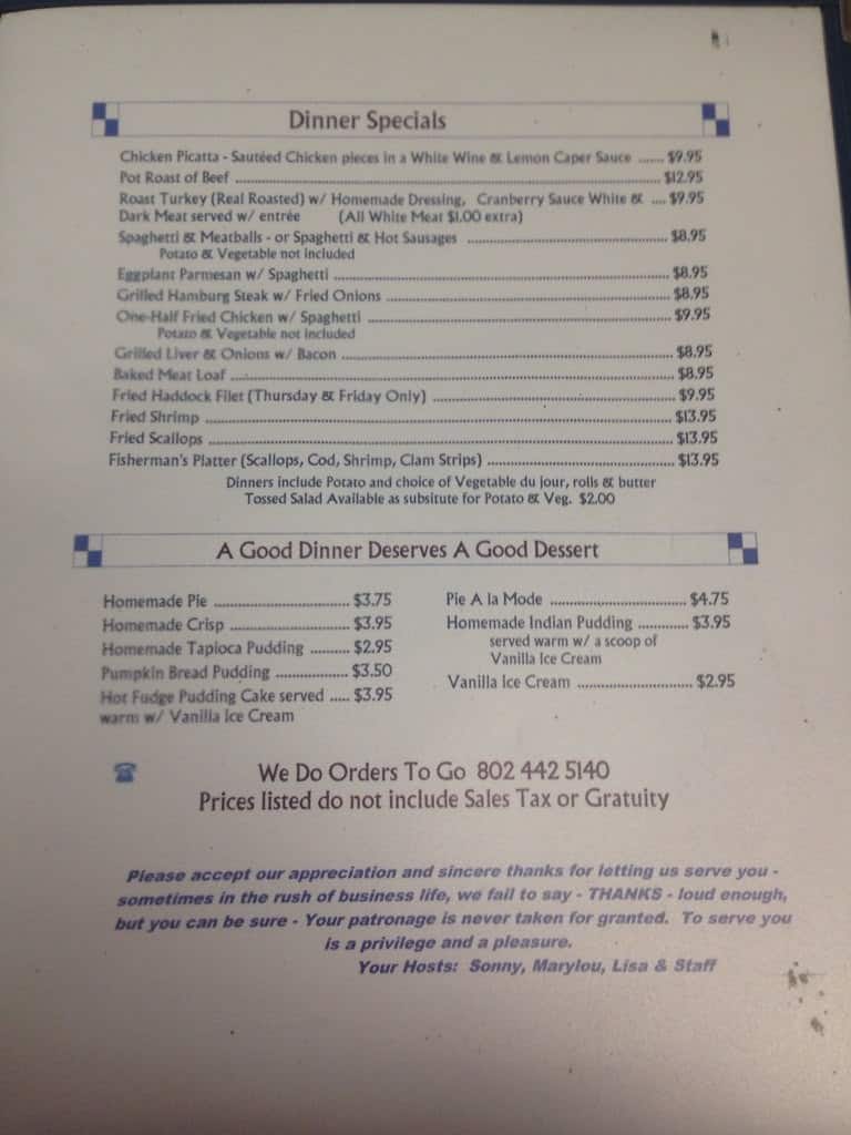 Menu at Blue Benn restaurant, Bennington