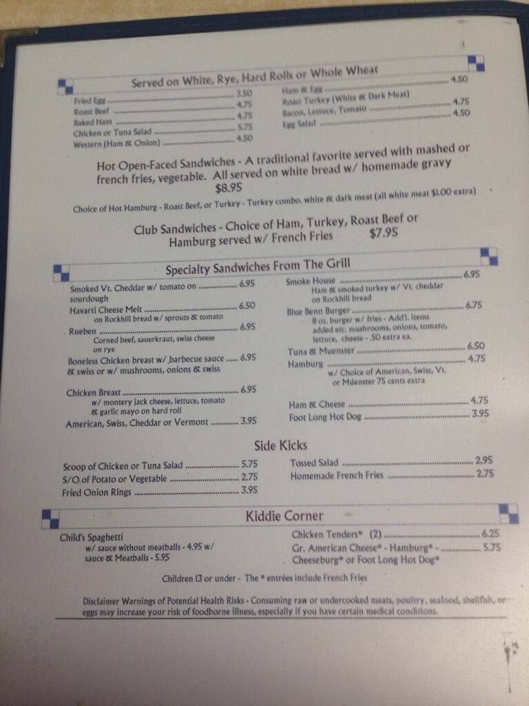 Menu at Blue Benn restaurant, Bennington