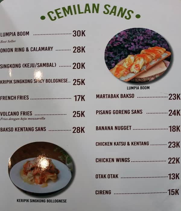 Menu at Sans Kafe cafe, Tangerang