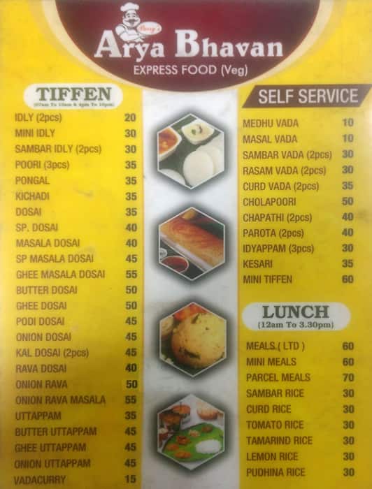 Menu of Arya Bhavan Express, Kolathur, Chennai