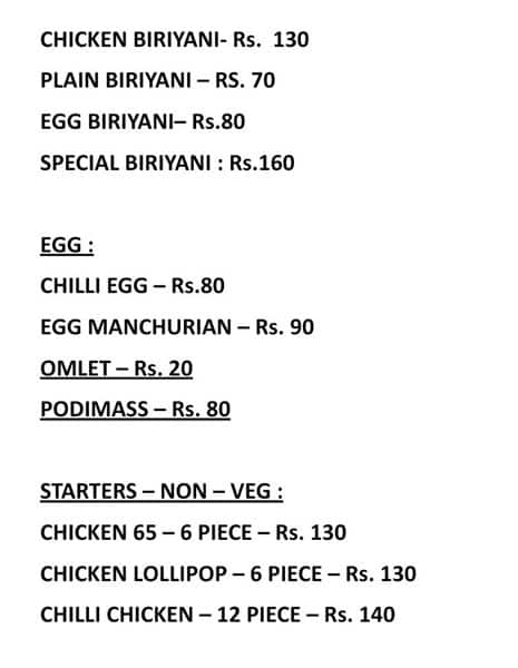 Menu at Bigg Boss food corner, Chennai