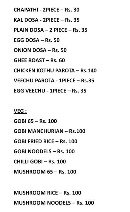 Menu at Bigg Boss food corner, Chennai