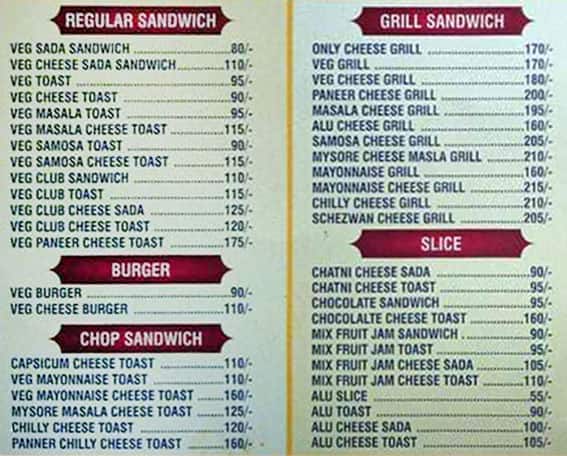 Menu of Mumbai Sandwich, Marol, Mumbai