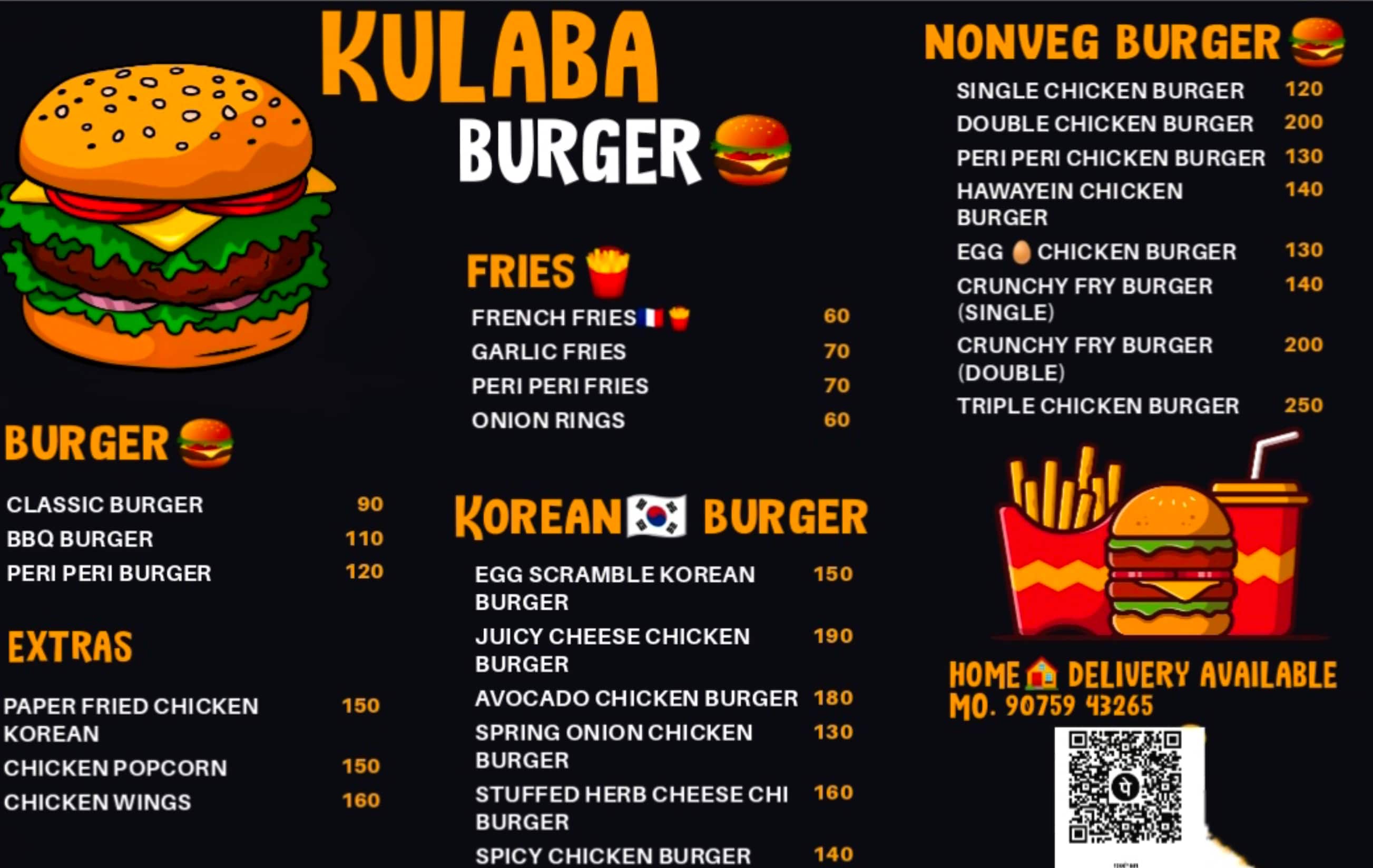 Menu of The Kulaba Burgers, Alibag Beach, Alibag