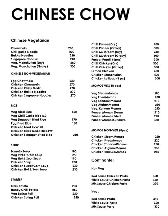 Menu of Chow Chinese 91, Mayur Vihar Phase 1, New Delhi