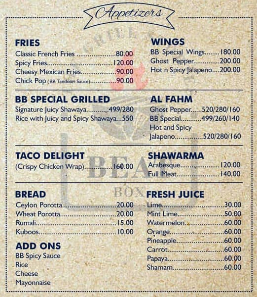 Menu of Beat Box, Kaloor, Kochi