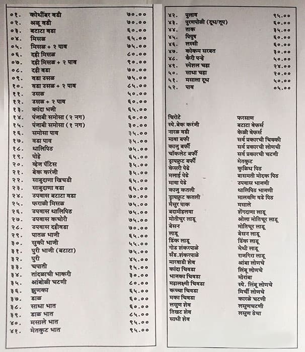 Menu of Sadichha, Bandra East, Mumbai