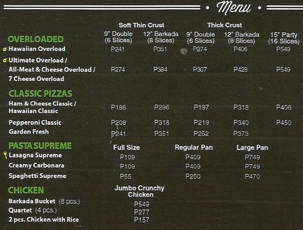 Menu at Greenwich Pizza restaurant, Manila, JX3J+XQJ