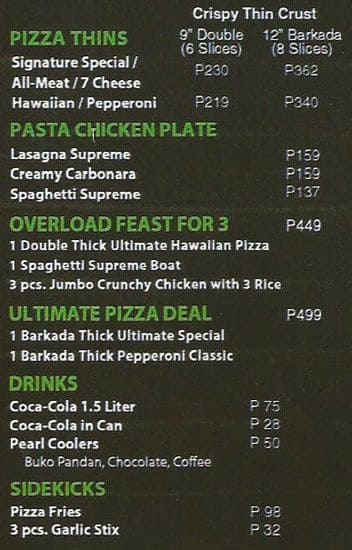 Menu at Greenwich Pizza restaurant, Manila, JX3J+XQJ