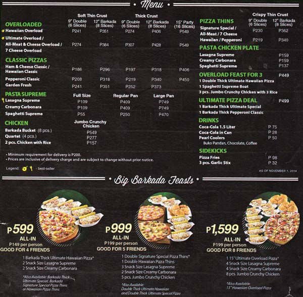 Menu at Greenwich Pizza restaurant, Manila, JX3J+XQJ
