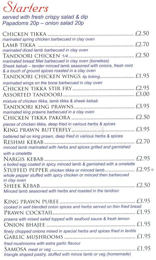 Menu at The Papadoms, Birmingham
