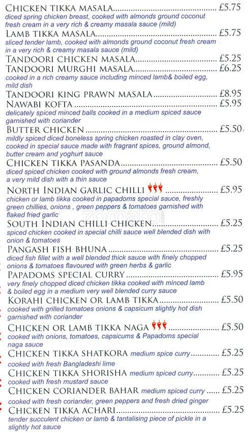 Menu at The Papadoms, Birmingham
