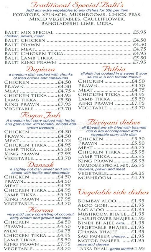 Menu at The Papadoms, Birmingham