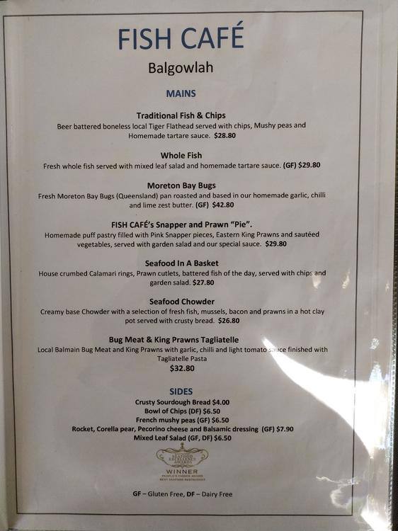 Menu at Fish Cafe Balgowlah, Balgowlah, 70/215 Condamine St
