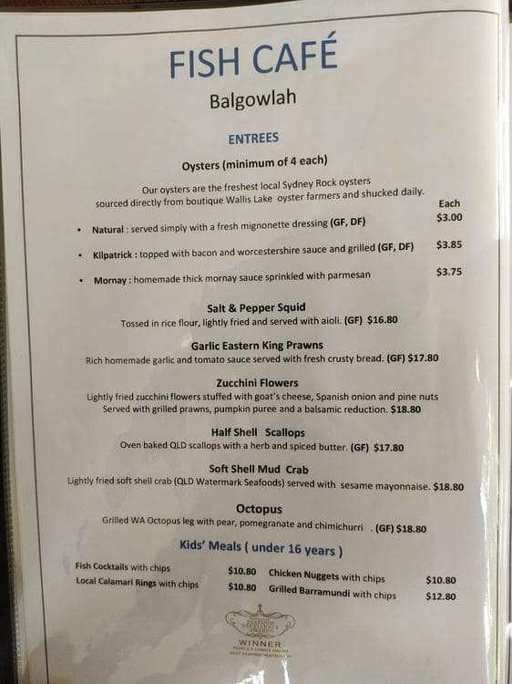 Menu at Fish Cafe Balgowlah, Balgowlah, 70/215 Condamine St
