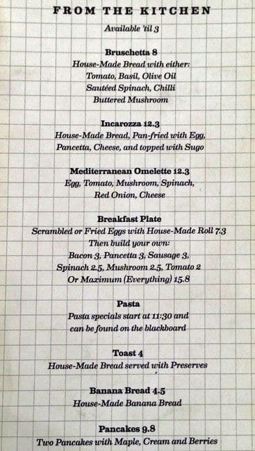 Menu at Nano Cafe, Adelaide