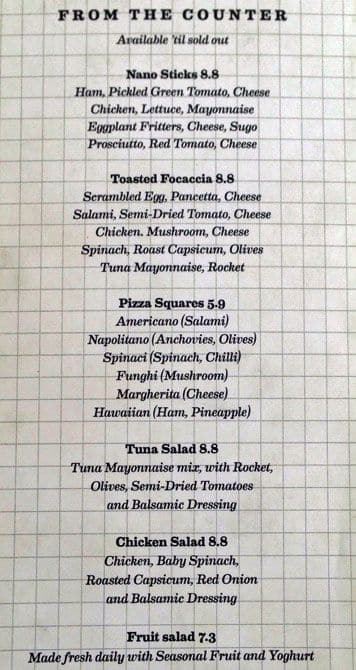 Menu at Nano Cafe, Adelaide