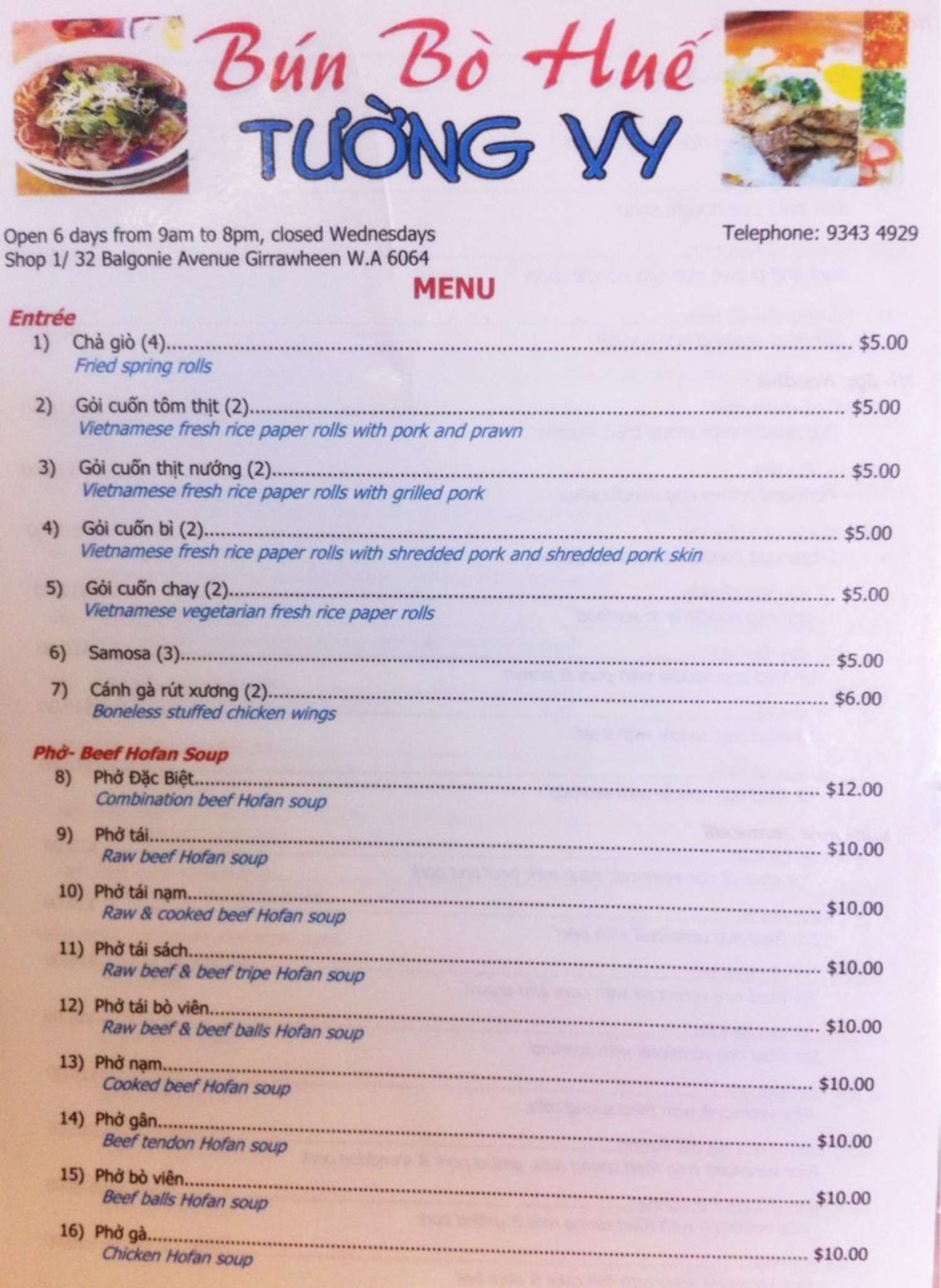 Menu at Bun Bo Hue Tuong Vy, Marangaroo