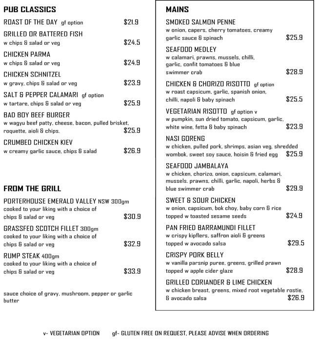 Menu at Yarraville-Footscray Bowling Club, Yarraville