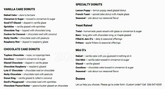 Menu at Mighty-O Donuts, Seattle, NW Market St