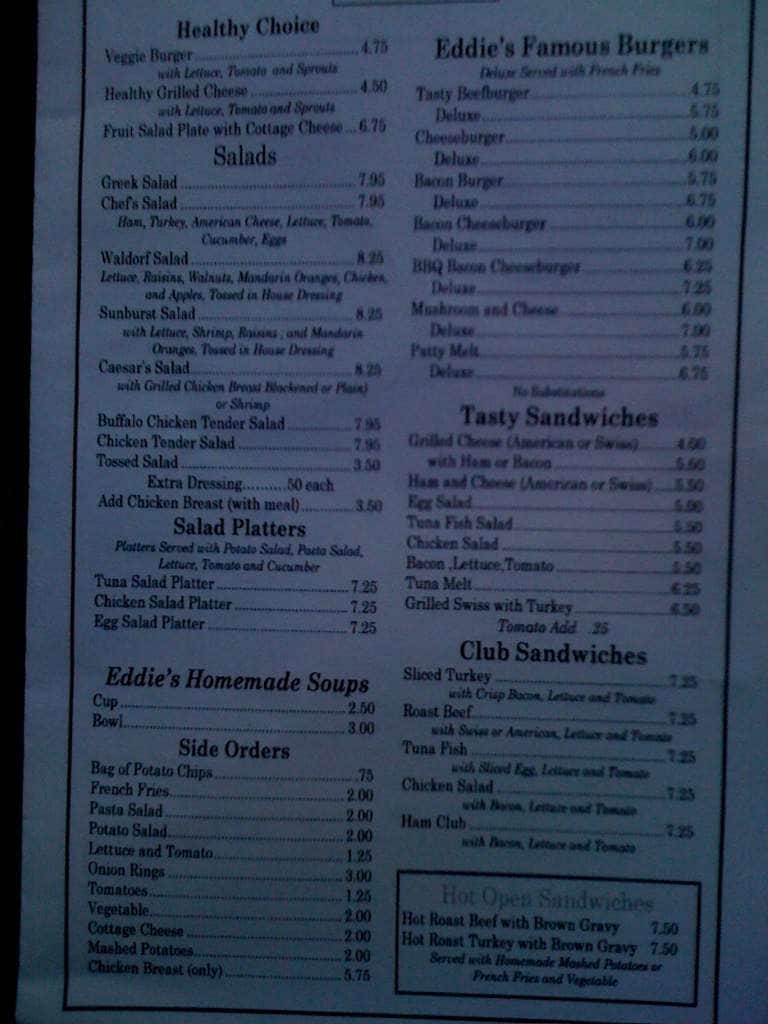 Menu at Eddie's Sunrise Diner restaurant, Melbourne