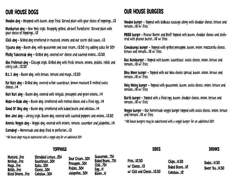 Menu at Voodoo Dog restaurant, Tallahassee, 805 S Macomb St