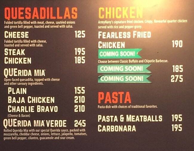 Menu at Army Navy, Cebu City