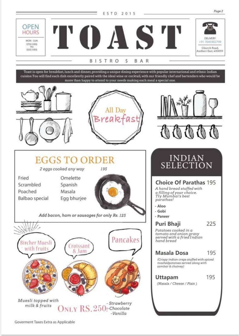 Menu of Toast - Bistro & Bar, Marol, Mumbai