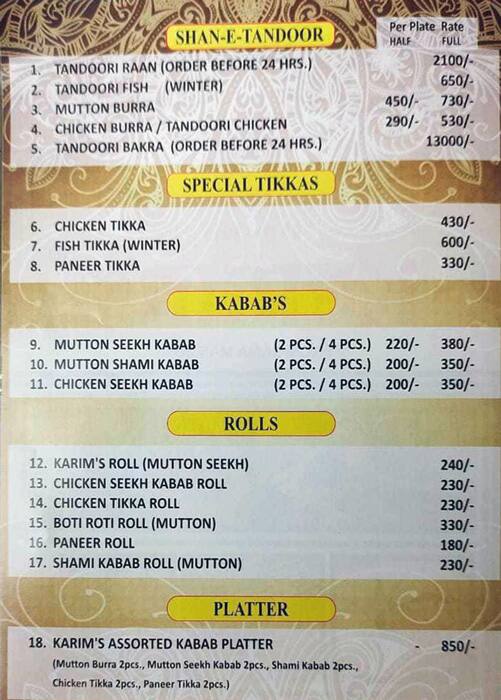 Menu of Karim's, Aerocity, New Delhi