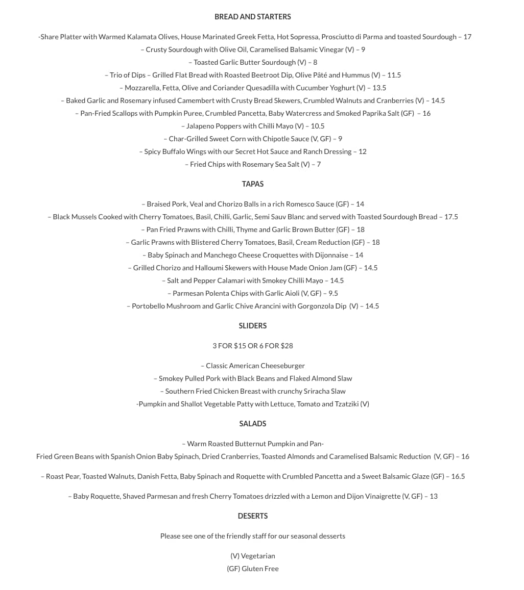 Menu at The Swallowed Anchor pub & bar, Wollongong