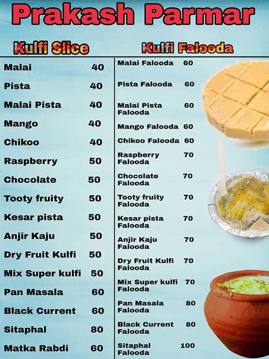 Menu of Prakash Parmar Kulfi & Falooda, Matunga East, Mumbai