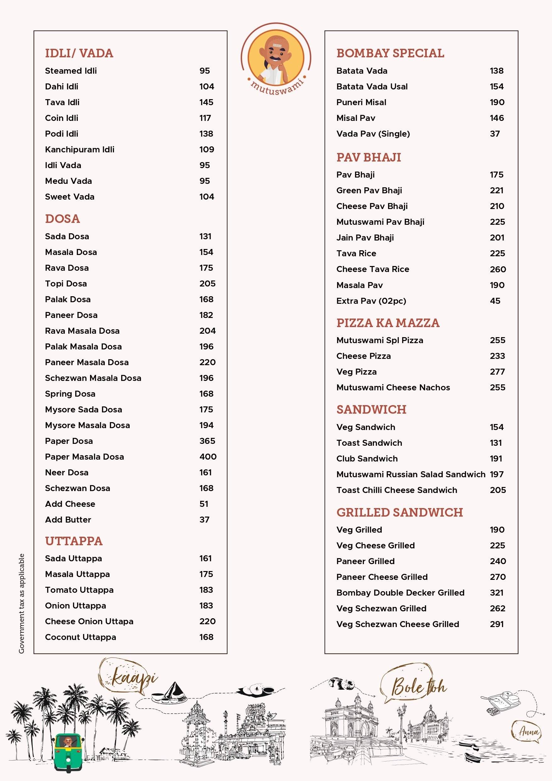Menu of Mutuswami, Dadar East, Mumbai