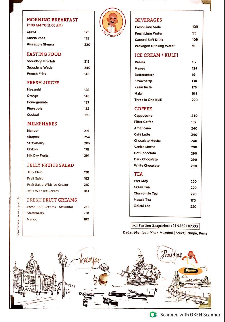 Menu of Mutuswami, Dadar East, Mumbai