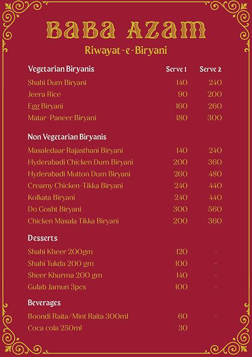 Menu at Baba Azam Biryani, Jaipur