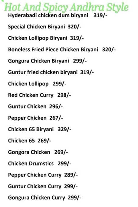 Menu of Hot And Spicy Andhra Style, KR Puram, Bangalore