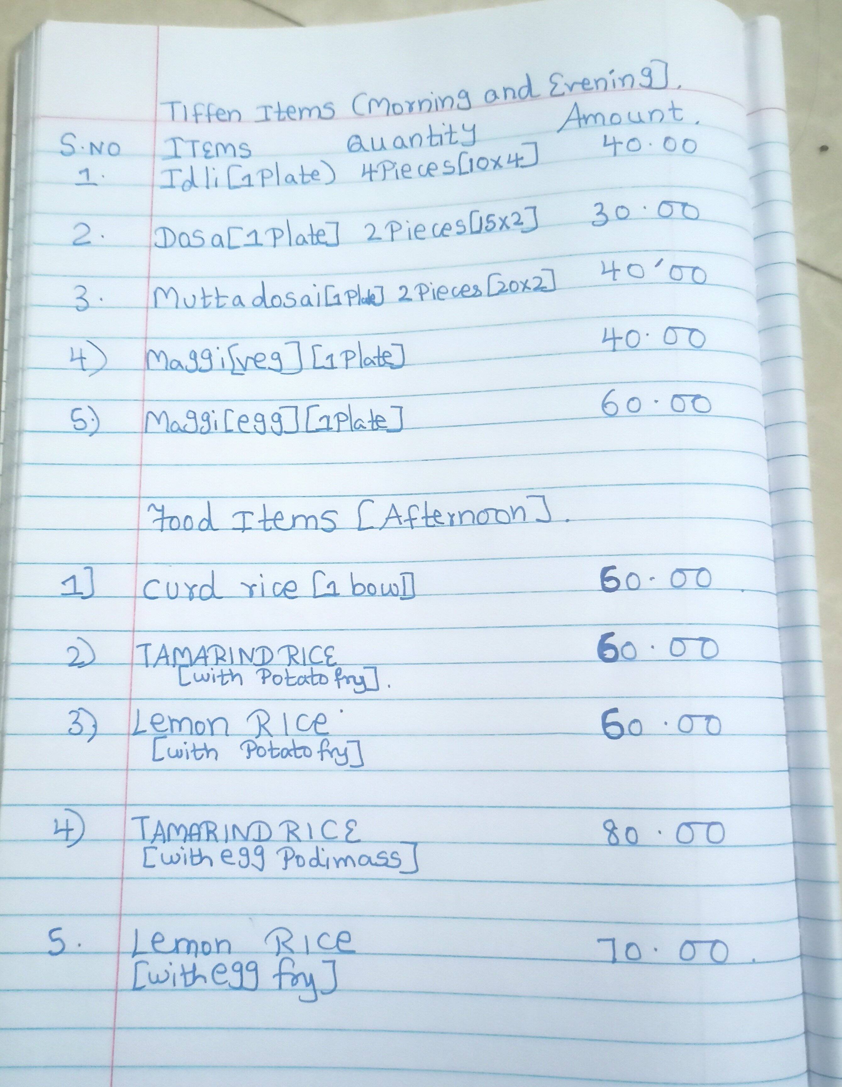 Menu of Homemade Foods, Valasaravakkam, Chennai