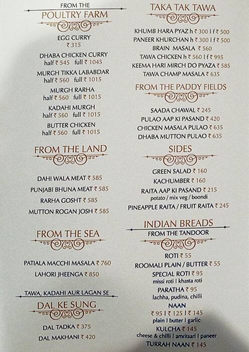 Menu at Moti Mahal Delux, New Delhi, Metro Station South Extension