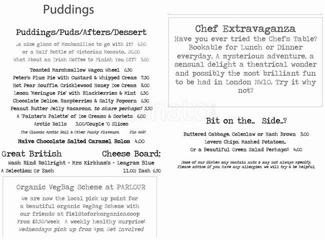 Menu at Parlour pub & bar, London, 5 Regent St