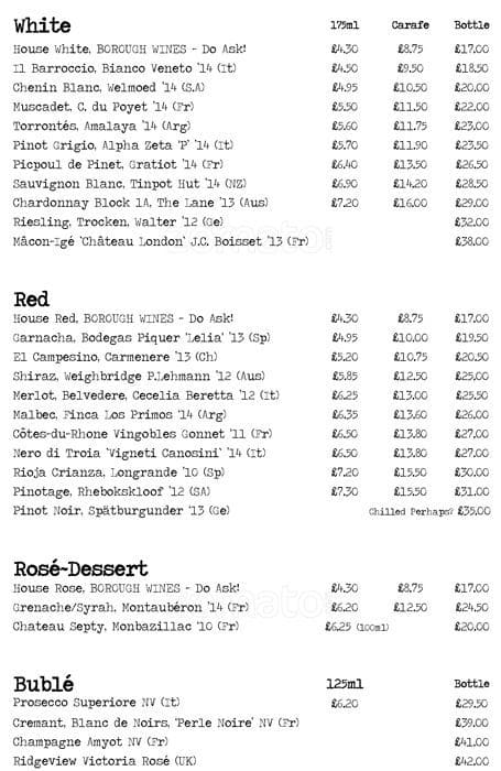 Menu at Parlour pub & bar, London, 5 Regent St