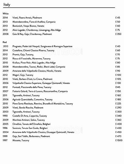 Menu at Beast steakhouse, London