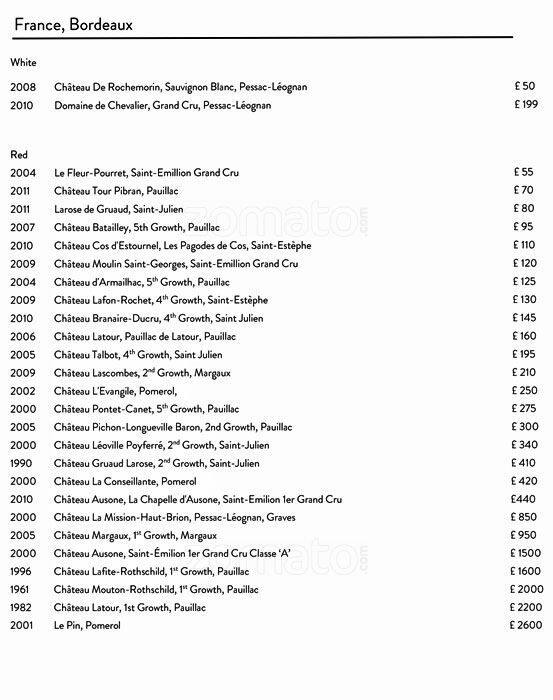 Menu at Beast steakhouse, London