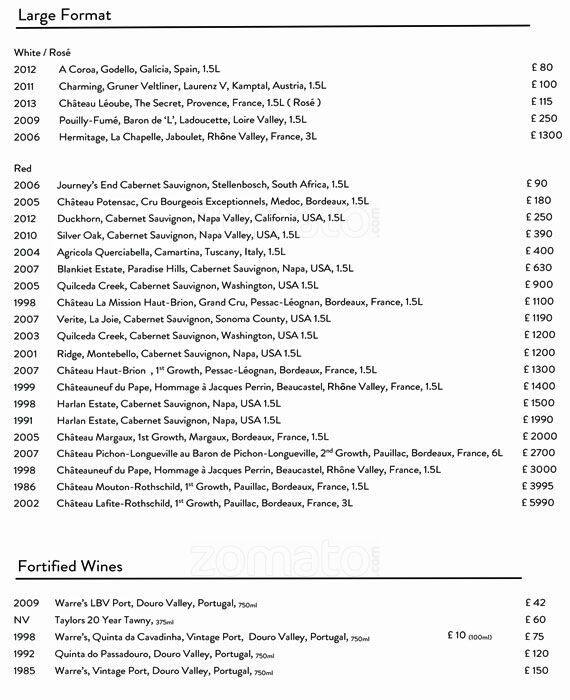 Menu at Beast steakhouse, London