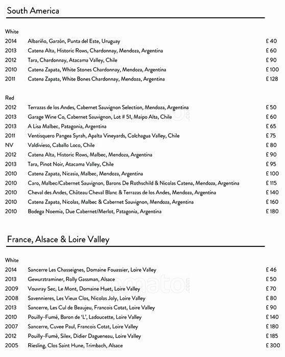 Menu at Beast steakhouse, London