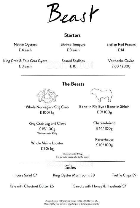 Menu at Beast steakhouse, London