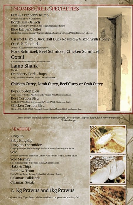 Menu at The Promise Grill and Seafood restaurant, New Redruth
