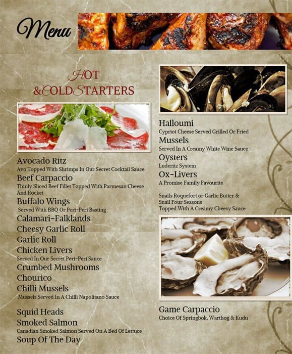 Menu at The Promise Grill and Seafood restaurant, New Redruth