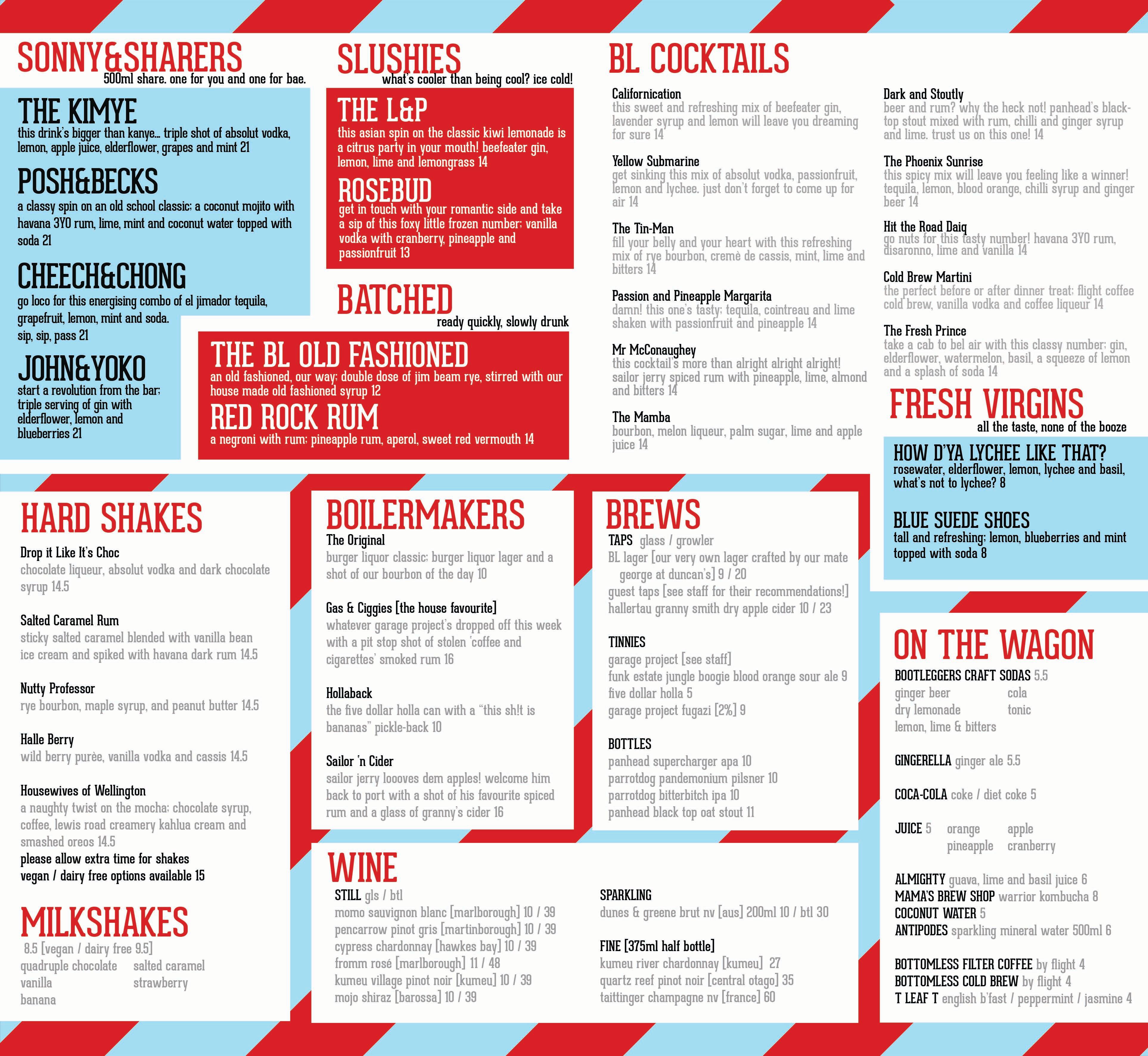 Menu at Burger Liquor pub & bar, Wellington, 129 Willis St