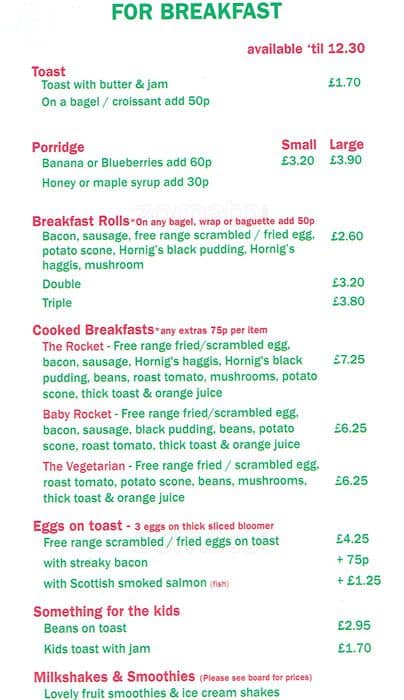 Menu at Rocket cafe, Edinburgh