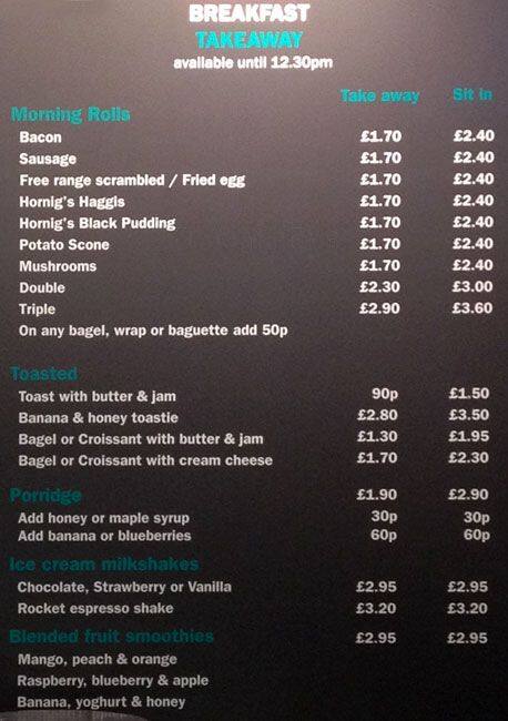 Menu at Rocket cafe, Edinburgh